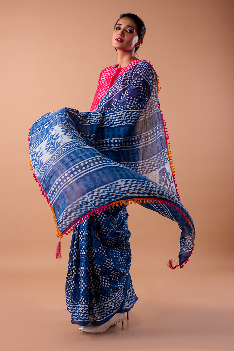 Exquisite Hand Block indigo Print Cotton Sarees | Traditional Indian ...